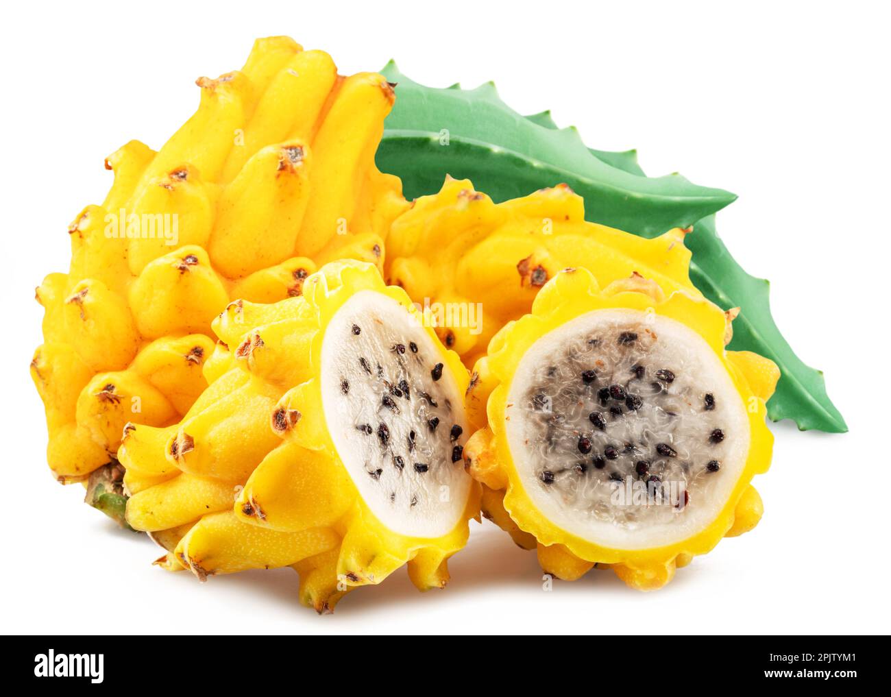Yellow dragon fruit and dragon fruit slices and leaves isolated on ...