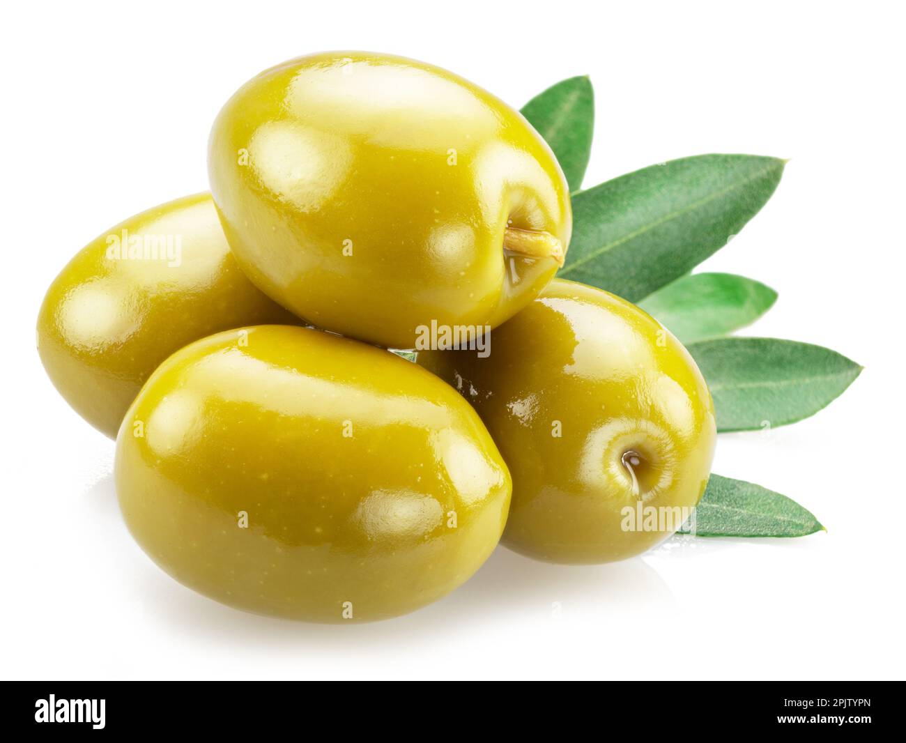 Green olives with olive leaves isolated on white background Stock Photo ...