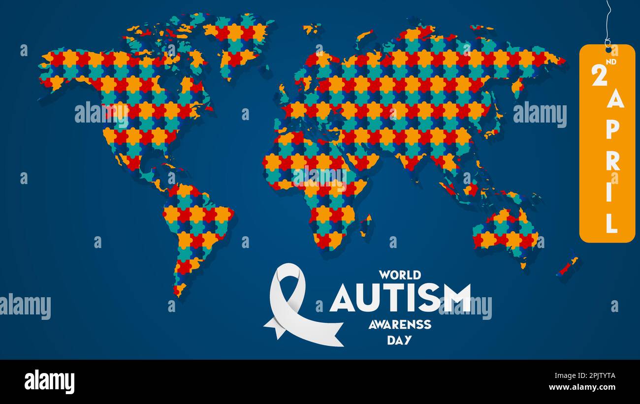 World autism awareness day with Ribbon. Blue background and world map ...