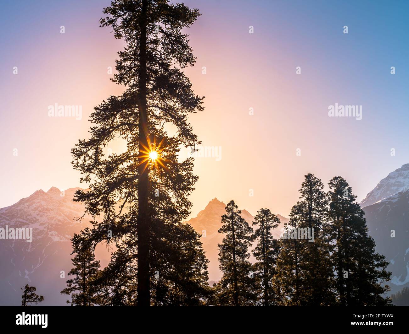 Sunrise in the mountains. These are the scenic meadows of the Parvati ...