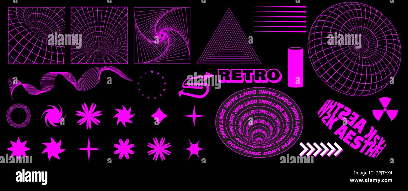 Retro futuristic design elements. 3D wireframe shapes in trendy retro ...