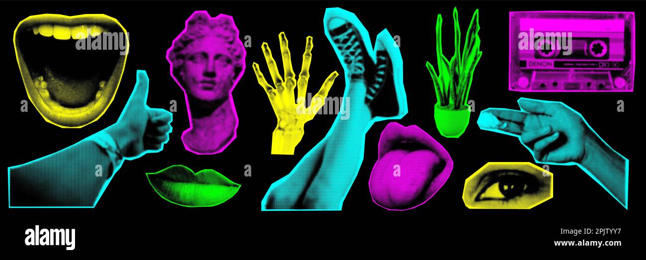 Halftone collage design elements in trendy magazine style. Mouth ...