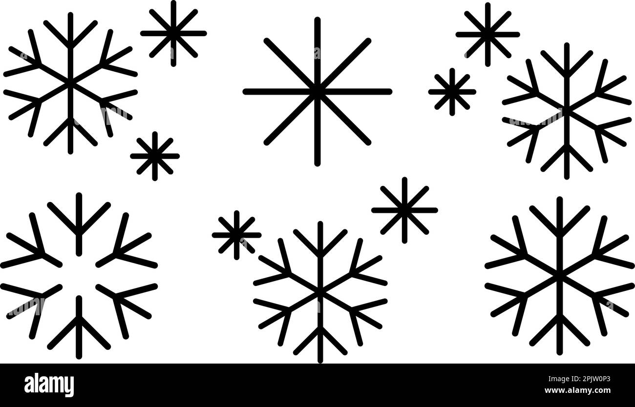 Snowflake doodle winter set of black isolated icon silhouette on white ...