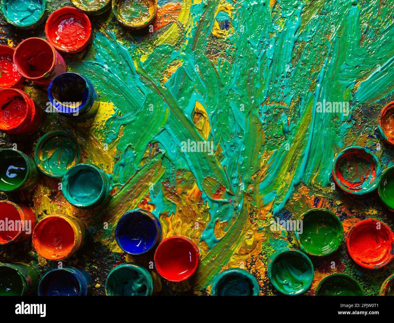 Palette and acrylic colors in the art studio Stock Photo - Alamy