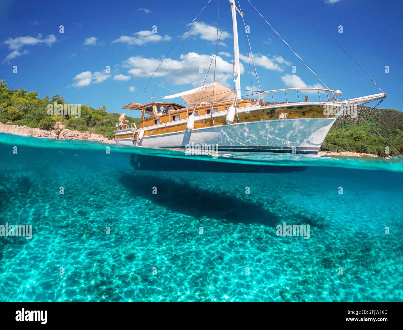 Split view - half underwater view of beautiful seabed with sea fishes ...