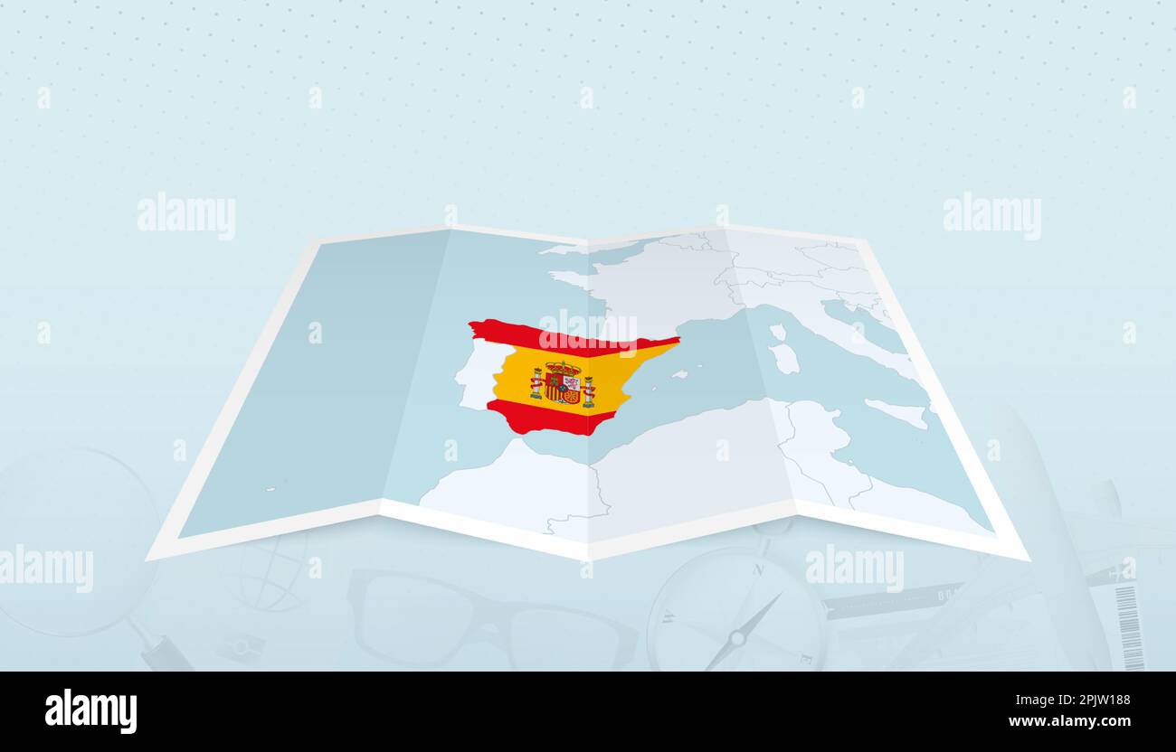 Map of Spain with the flag of Spain in the contour of the map on a trip ...