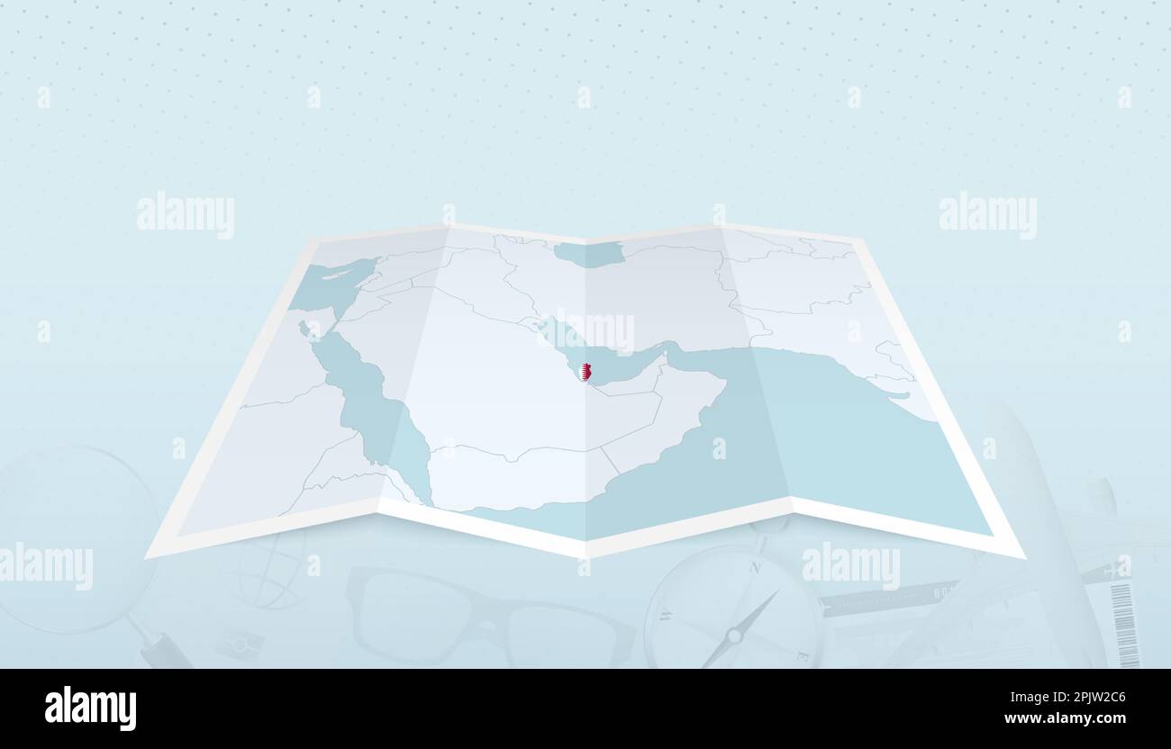 Map of Qatar with the flag of Qatar in the contour of the map on a trip ...