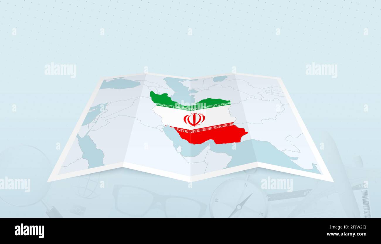 Map of Iran with the flag of Iran in the contour of the map on a trip ...