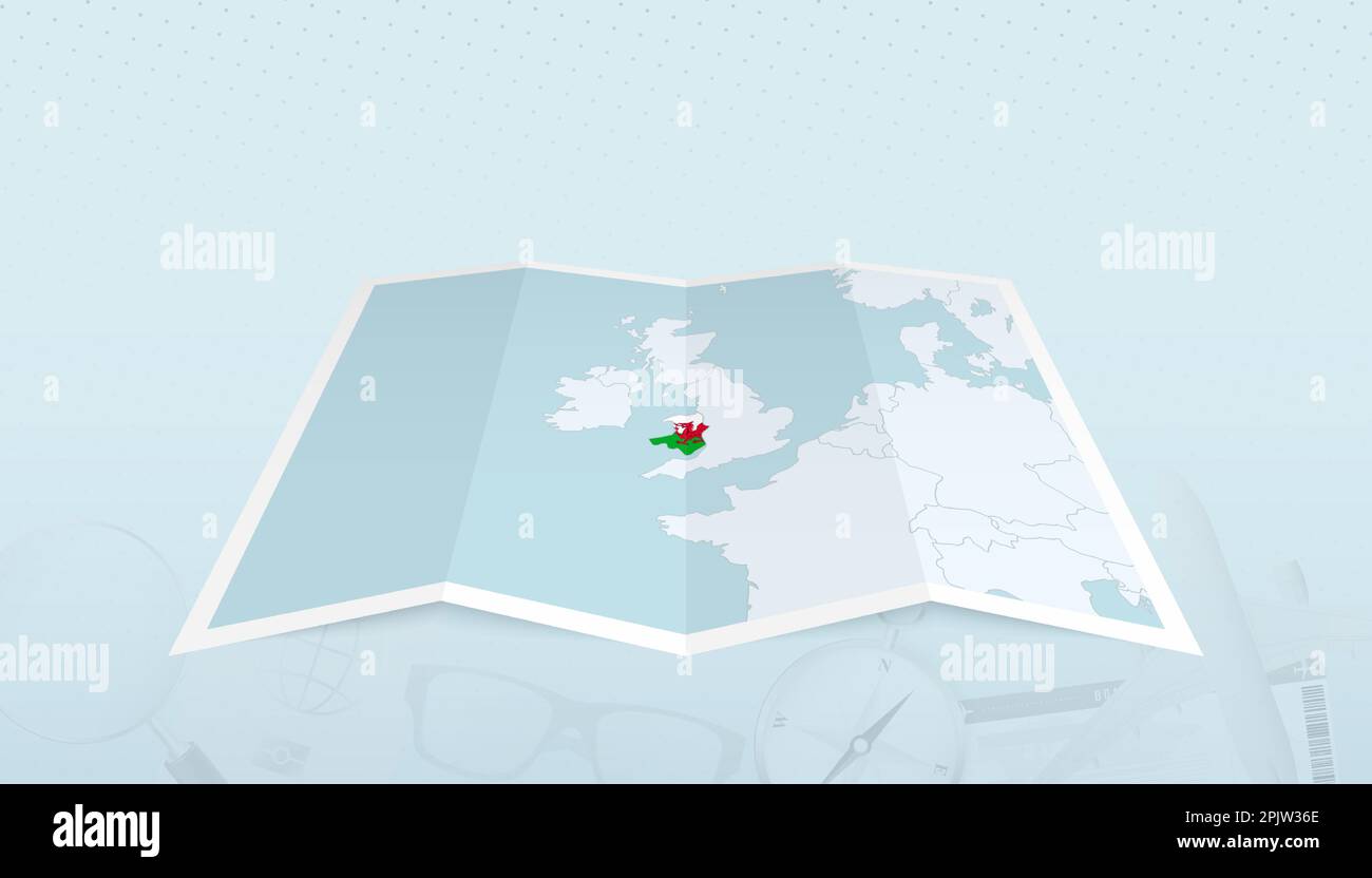 Map of Wales with the flag of Wales in the contour of the map on a trip ...