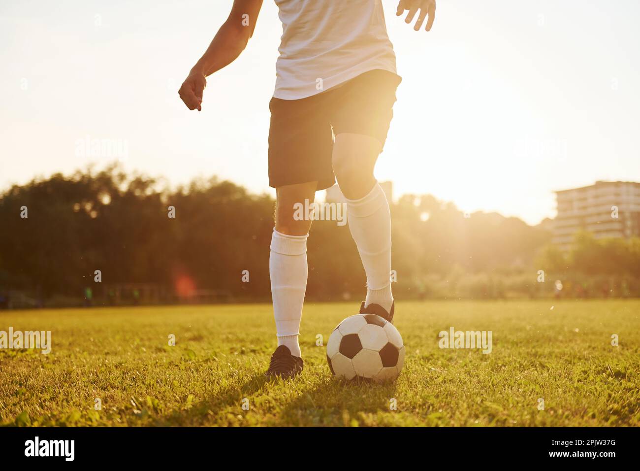 Beautiful sunshine. Young soccer player have training on the sportive ...