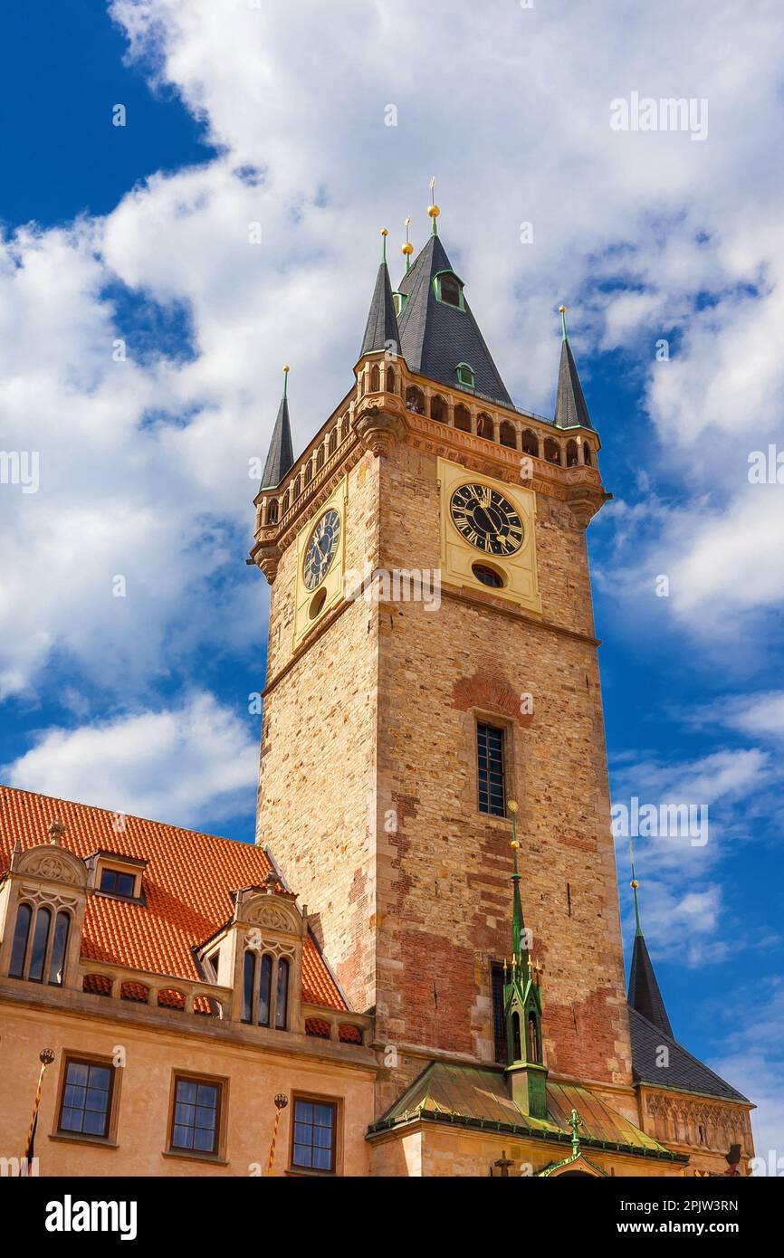 Old Town Hall medieval clock tower among clouds in Prague, a city ...