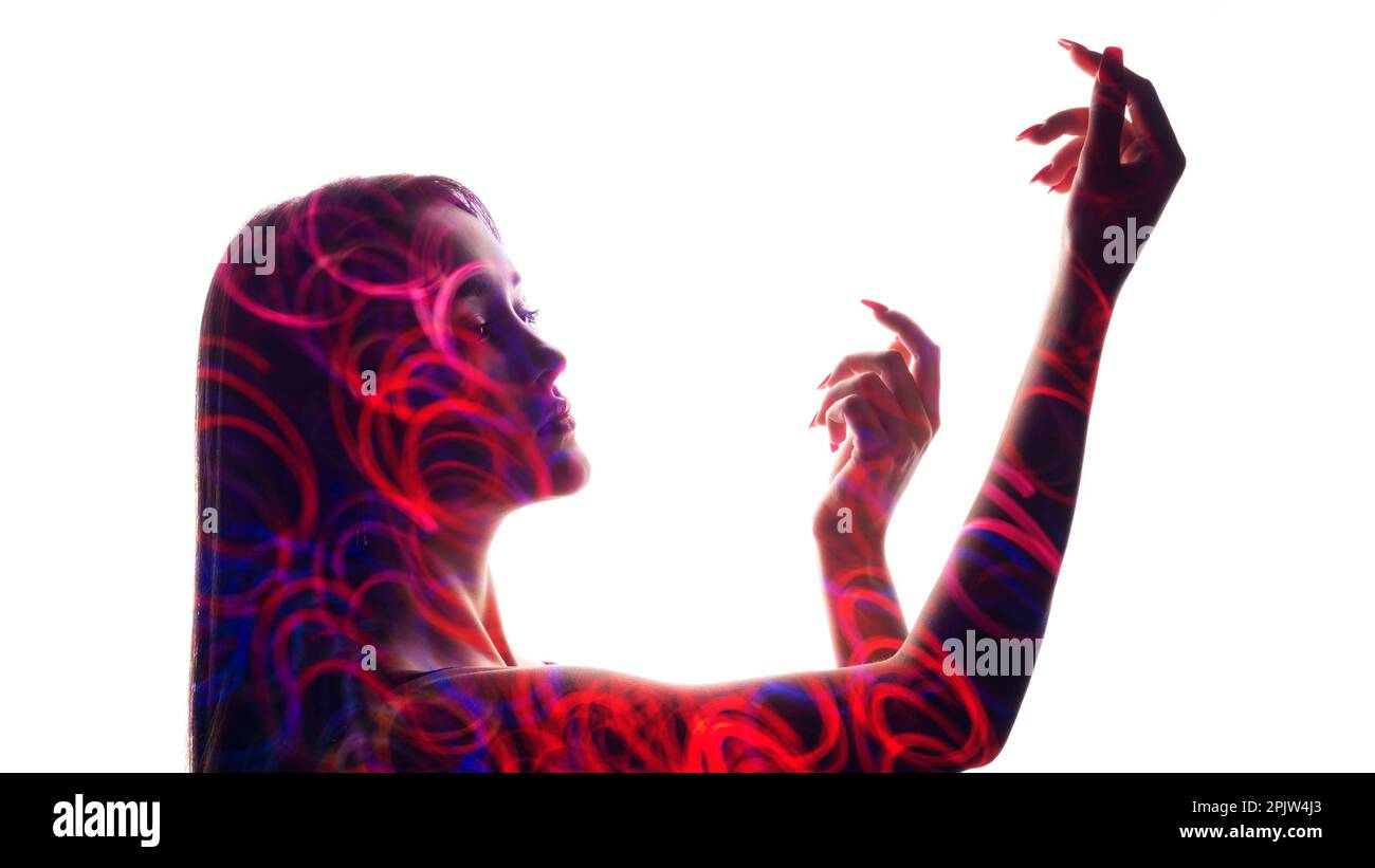 Hand dance neon beauty pink light woman silhouette Stock Photo - Alamy