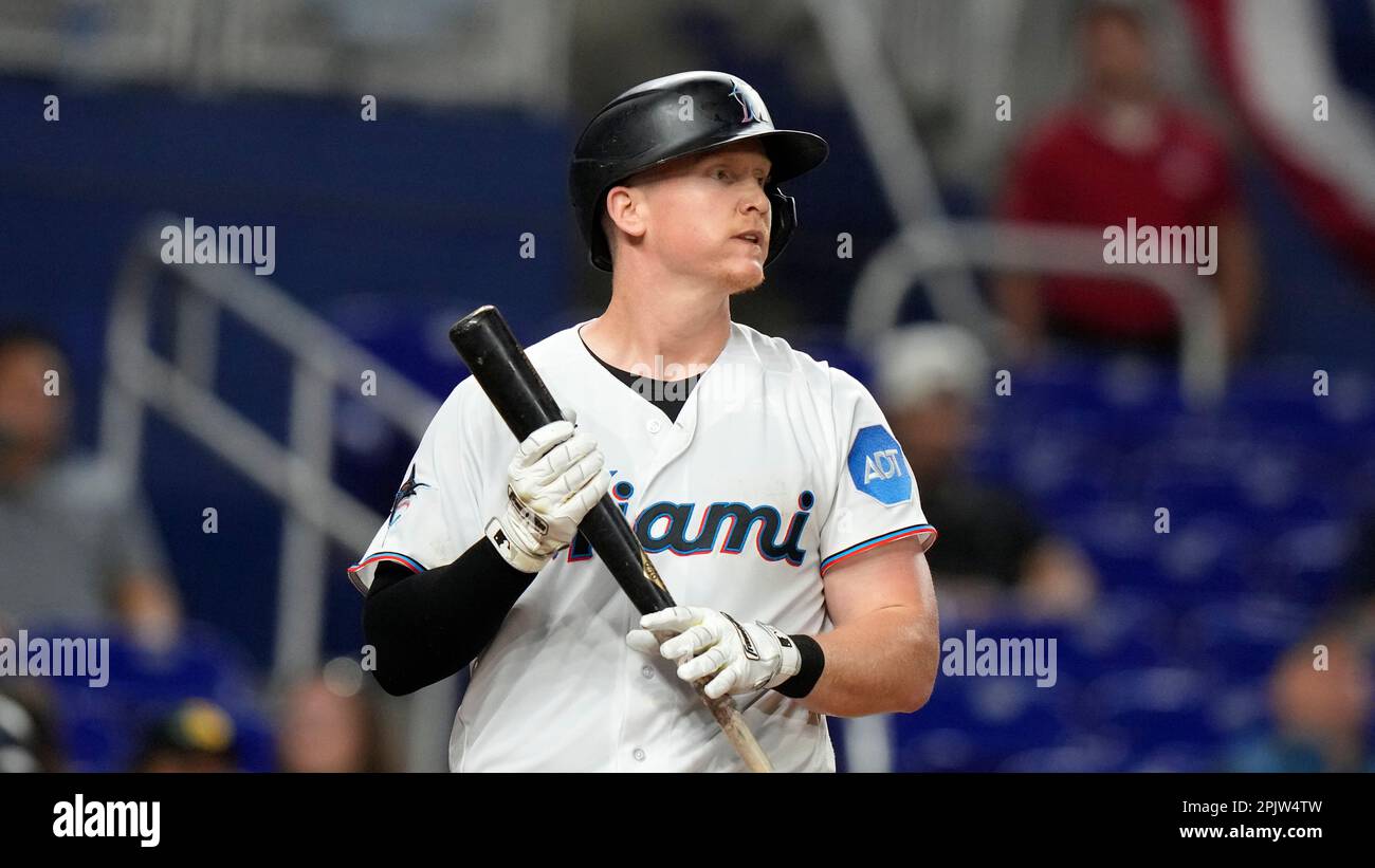 Miami Marlins' Garrett Cooper is in action during a baseball game ...