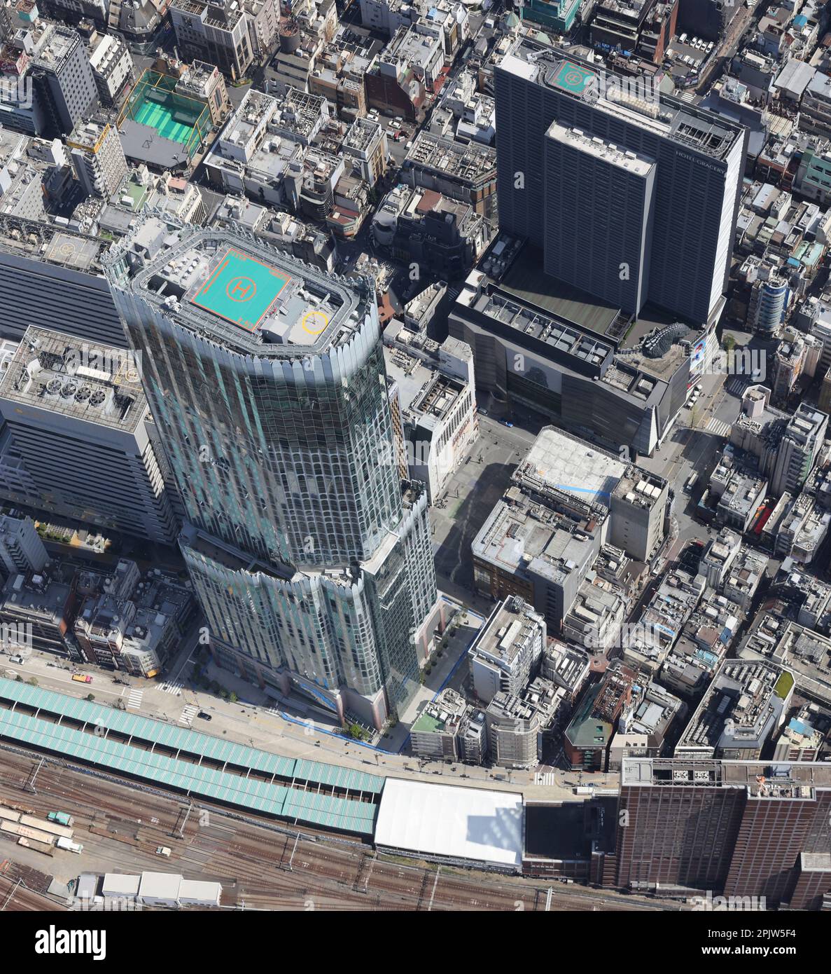 An aerial photo shows Tokyo Kabukicho Tower(L) and Shinjuku Toho ...