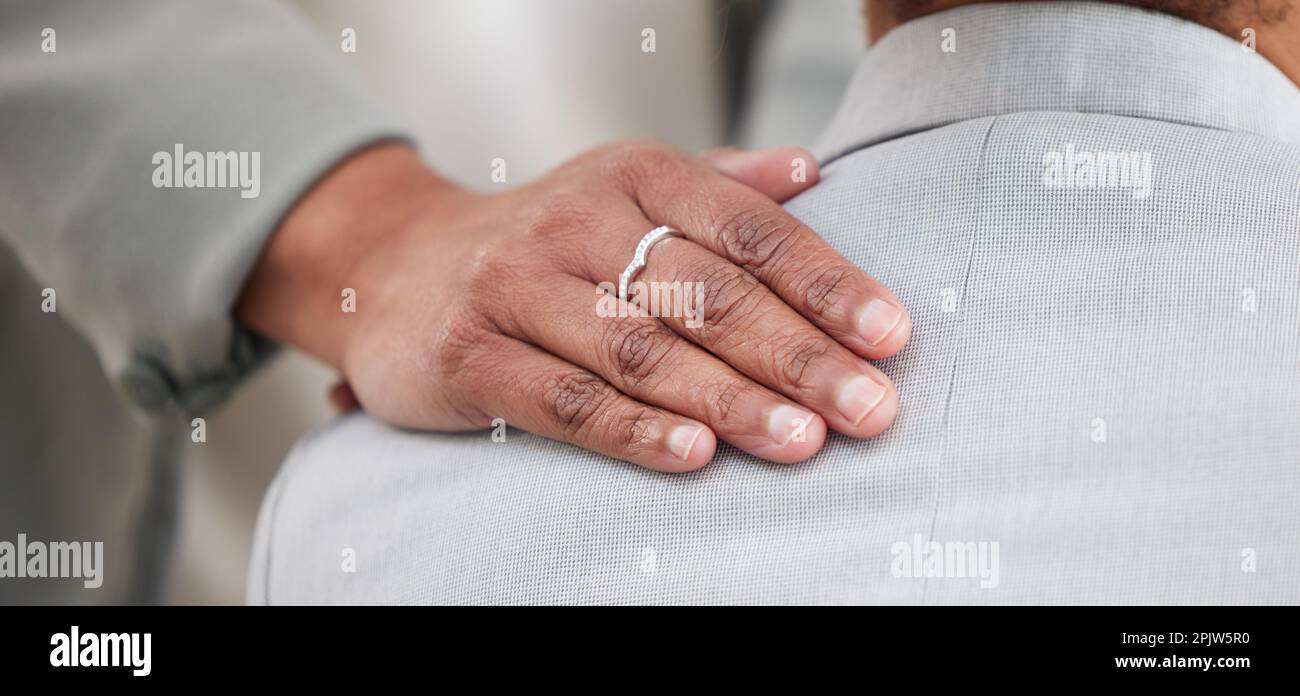 Support, comfort and hand on back for consoling, empathy and sympathy ...