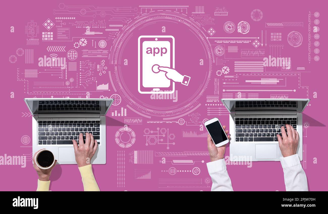 Top view of hands using laptop with symbol of app concept Stock Photo ...