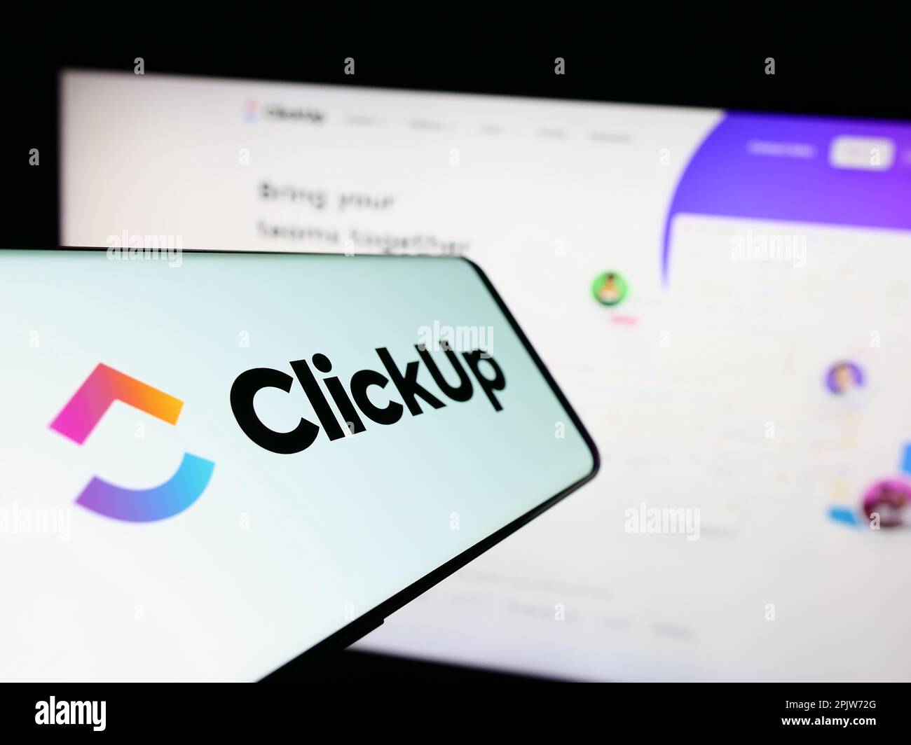 Smartphone with logo of US company Mango Technologies Inc. (ClickUp) on ...