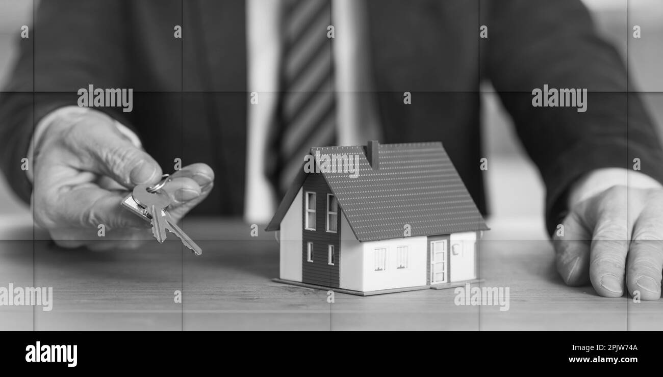 Real estate agent holding house keys, concept of home ownership ...