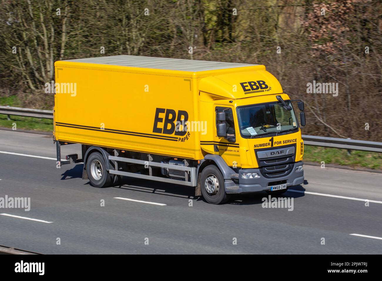 2019 Yellow EBB DAF LF 280 FA 18T; travelling on the M61 motorway, UK ...