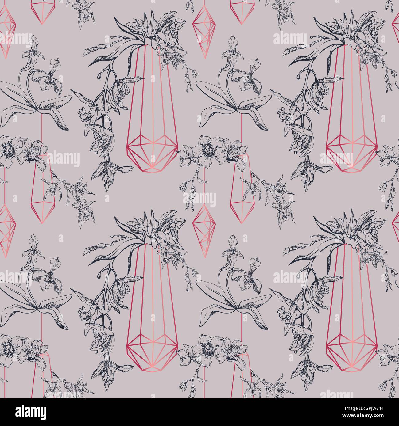 Hand drawn vector ink orchid flowers and branches, monochrome, detailed ...