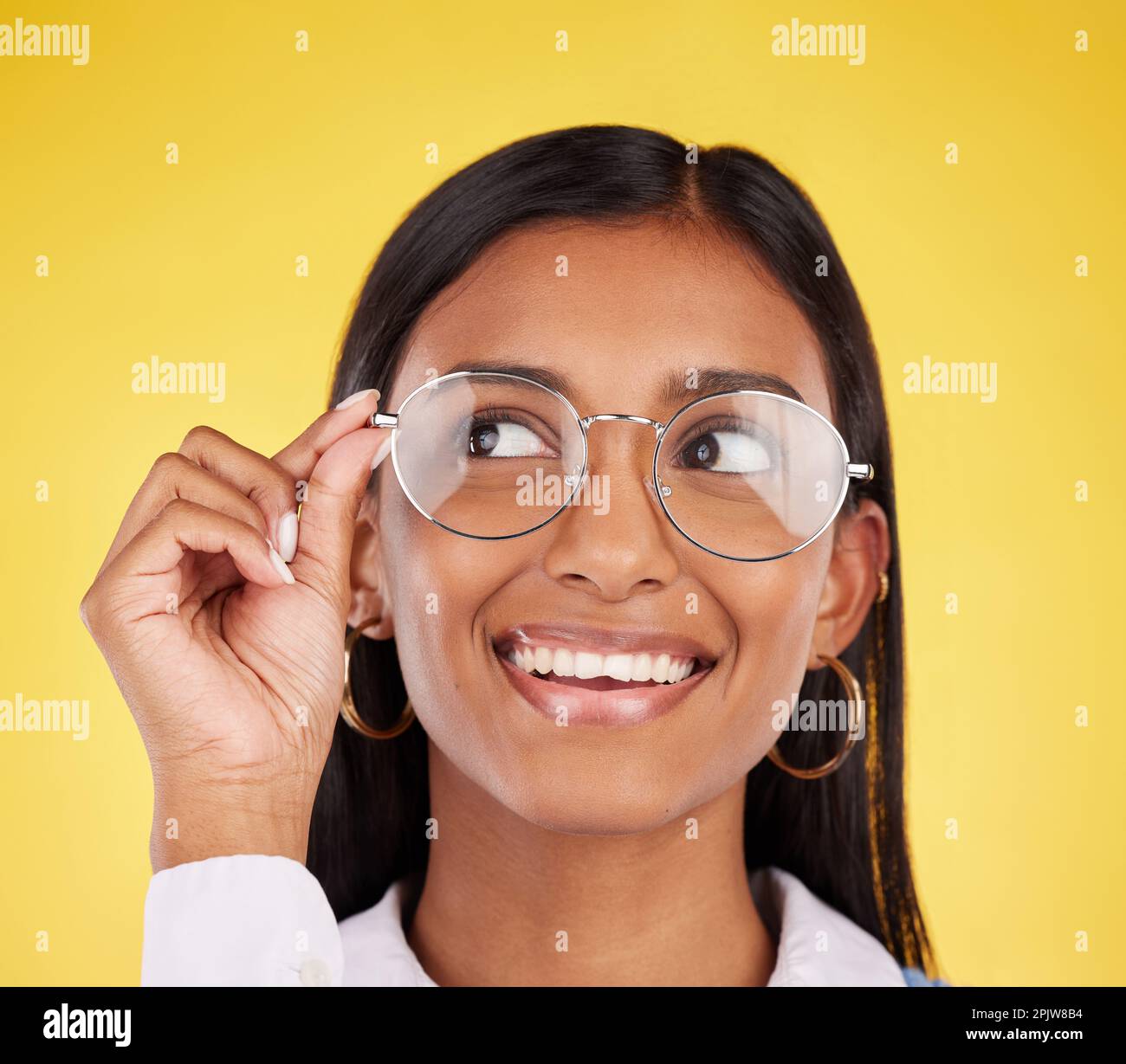Happy, smile and woman with glasses in a studio for optical health ...