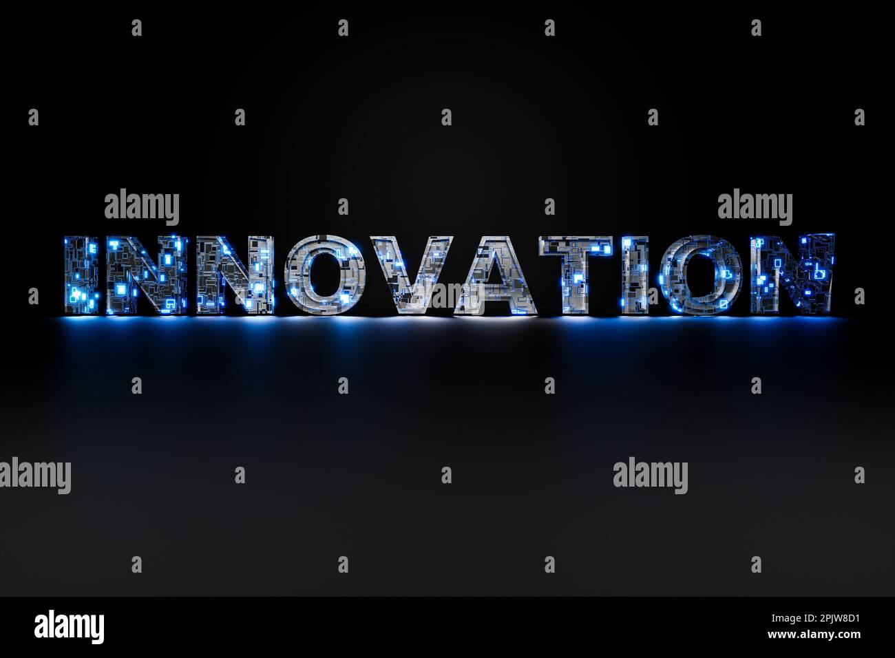 Sci-Fi metal innovation text 3D illustration on black background Stock ...