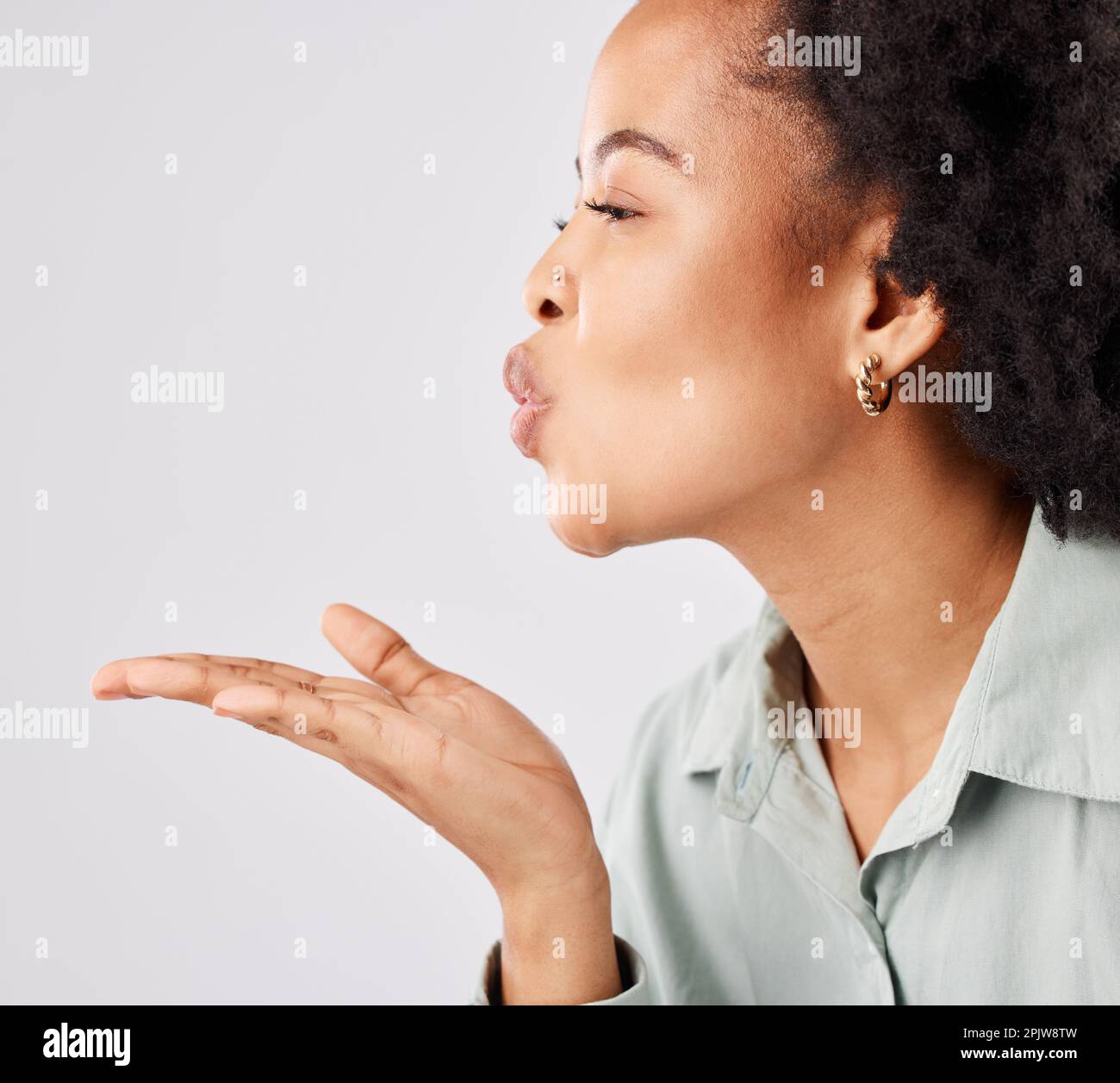 Love, blow kiss and woman profile in a studio with romance, care and ...