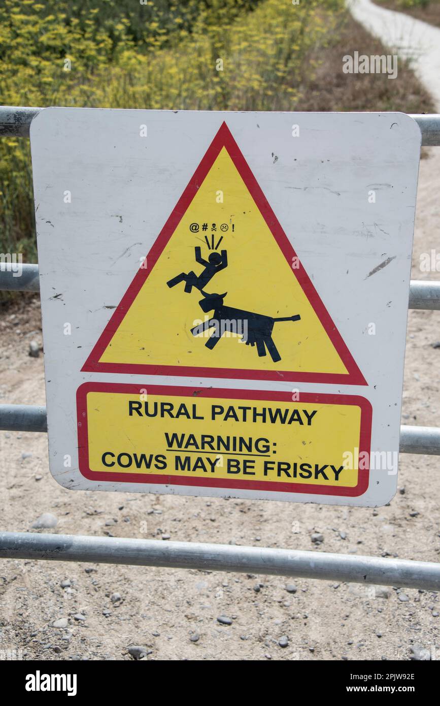 Rural pathway sign warning about frisky cows, seen in New Zealand Stock ...