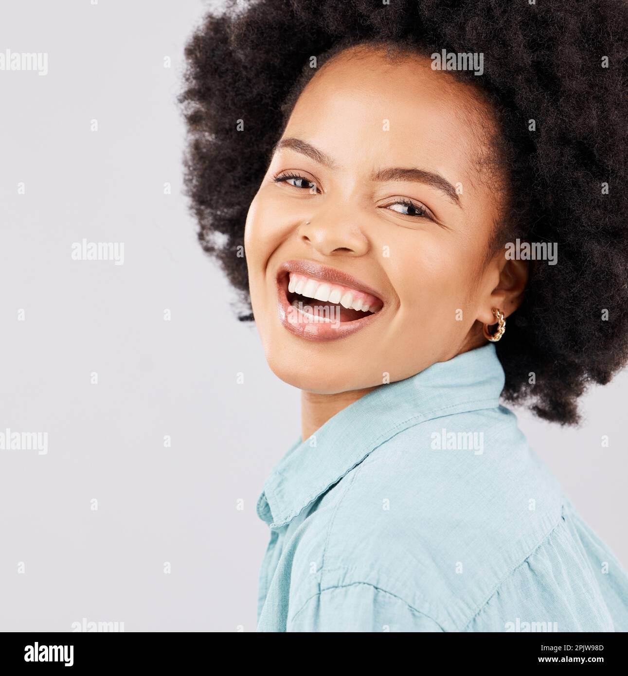 Face, happy and portrait of black woman in studio with smile, confident ...