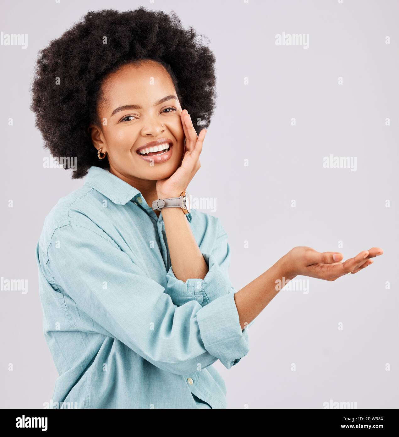 Product placement, hand and portrait of black woman in studio for ...