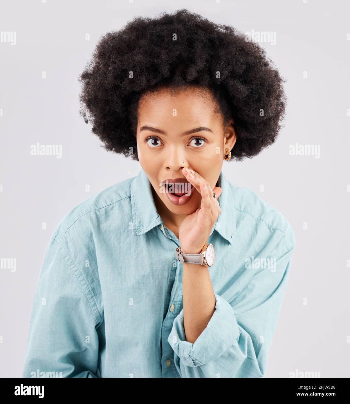 Gossip, wow and woman portrait in a studio telling a secret feeling ...