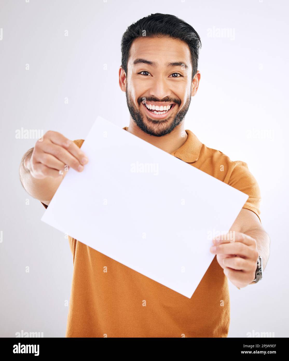 Studio poster mock up, portrait and happy man with marketing placard ...