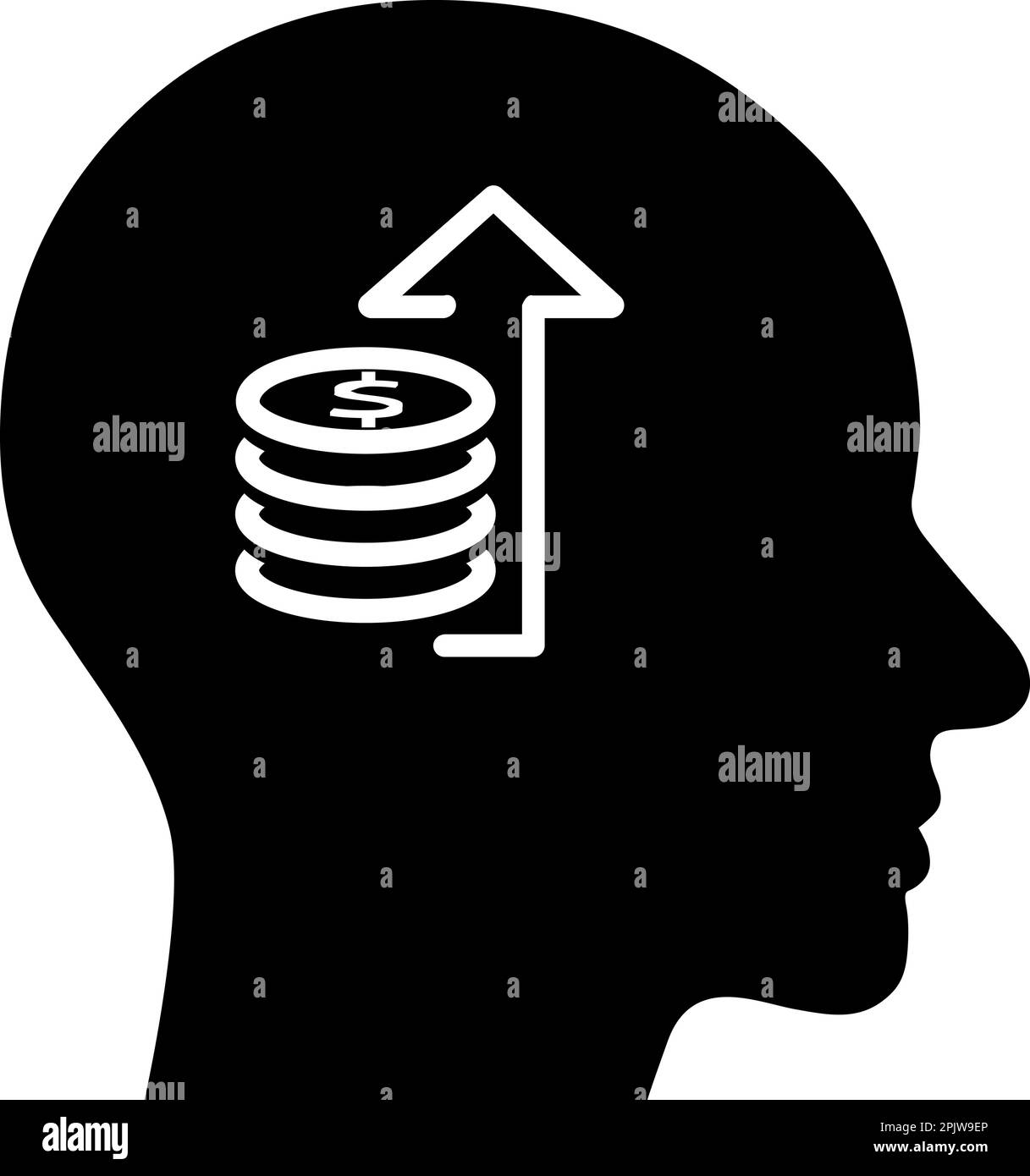 The flat coin icon and upward arrow in a human head as a concept of ...