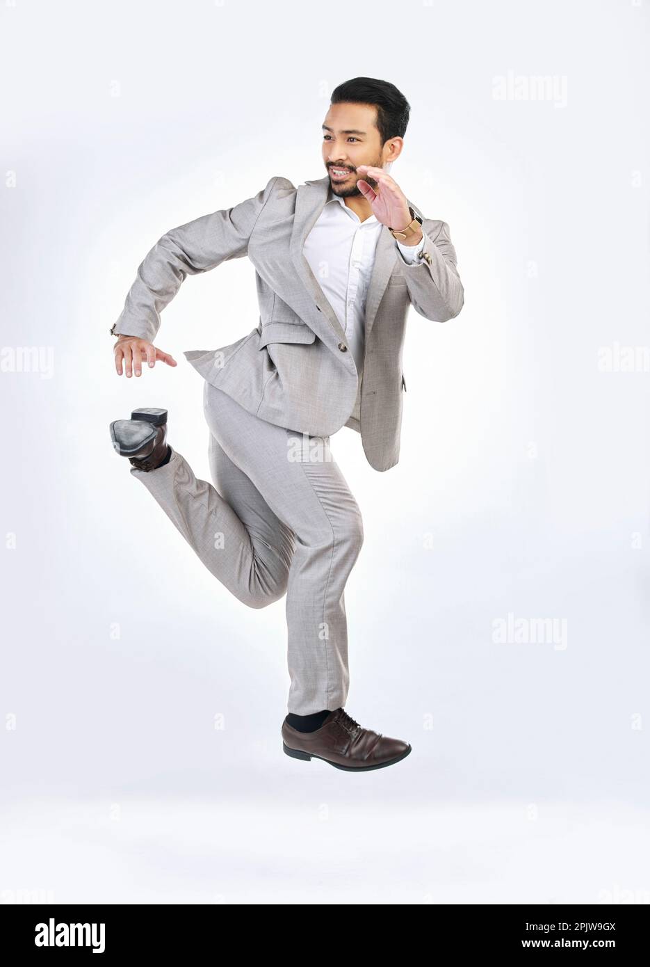 Running, rush and business man late for work jumping, hurry and sprint ...