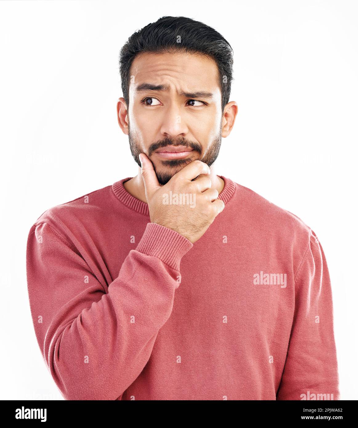 Confused man, thinking and why face in studio, white background and ...