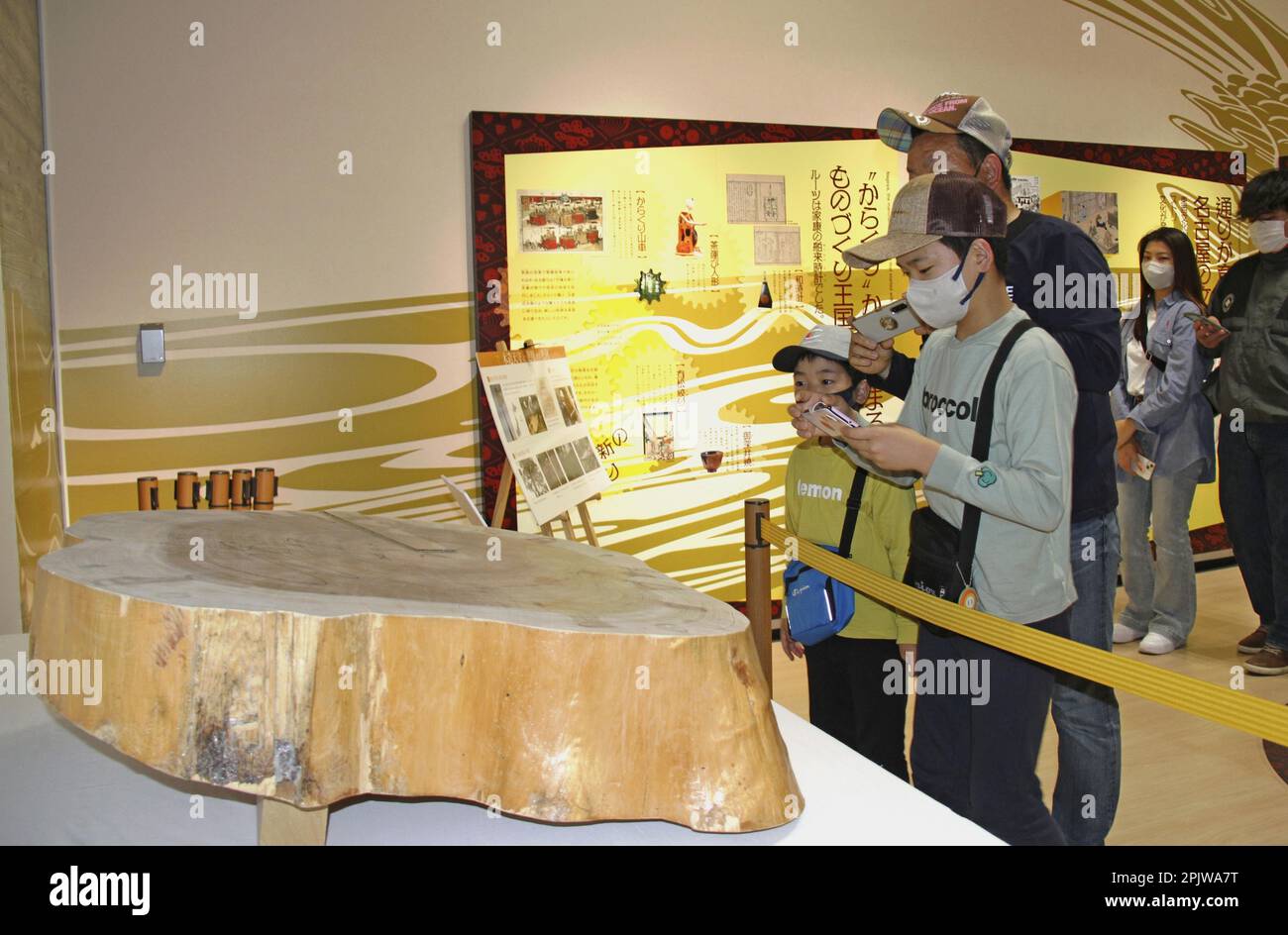 Visitors look at a pine tree stump autographed by Major League Baseball ...