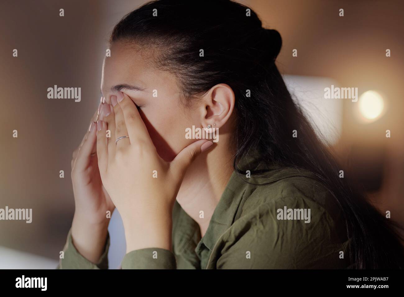 Night, employee and woman with stress, tired and exhausted in office ...