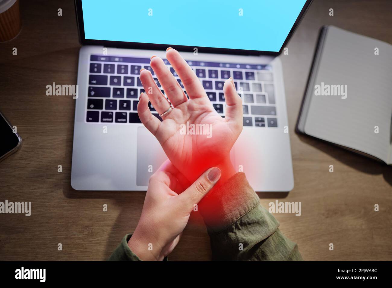 Wrist pain, hands and woman at desk with laptop, green screen and ...