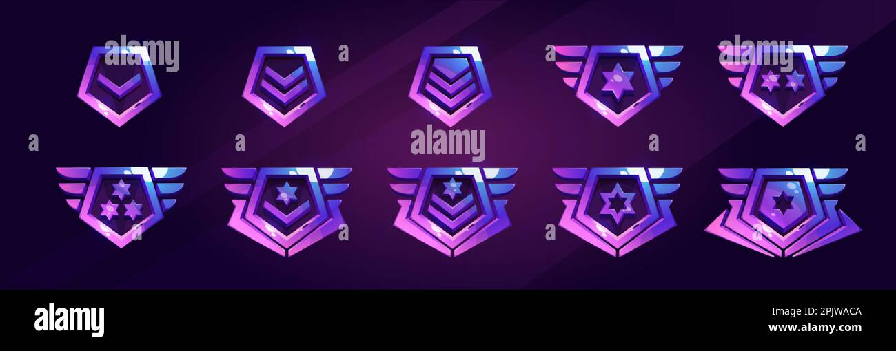 Set of military game rank badges isolated on background. Vector cartoon ...