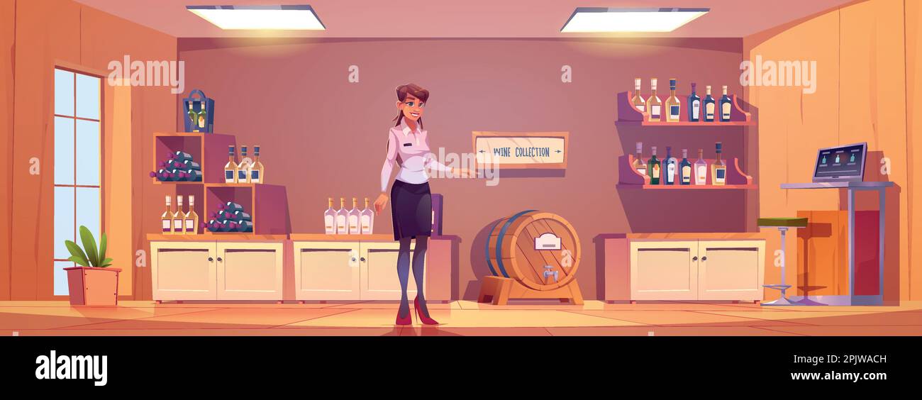 Wine shop interior with woman sommelier cartoon illustration. Alcohol ...