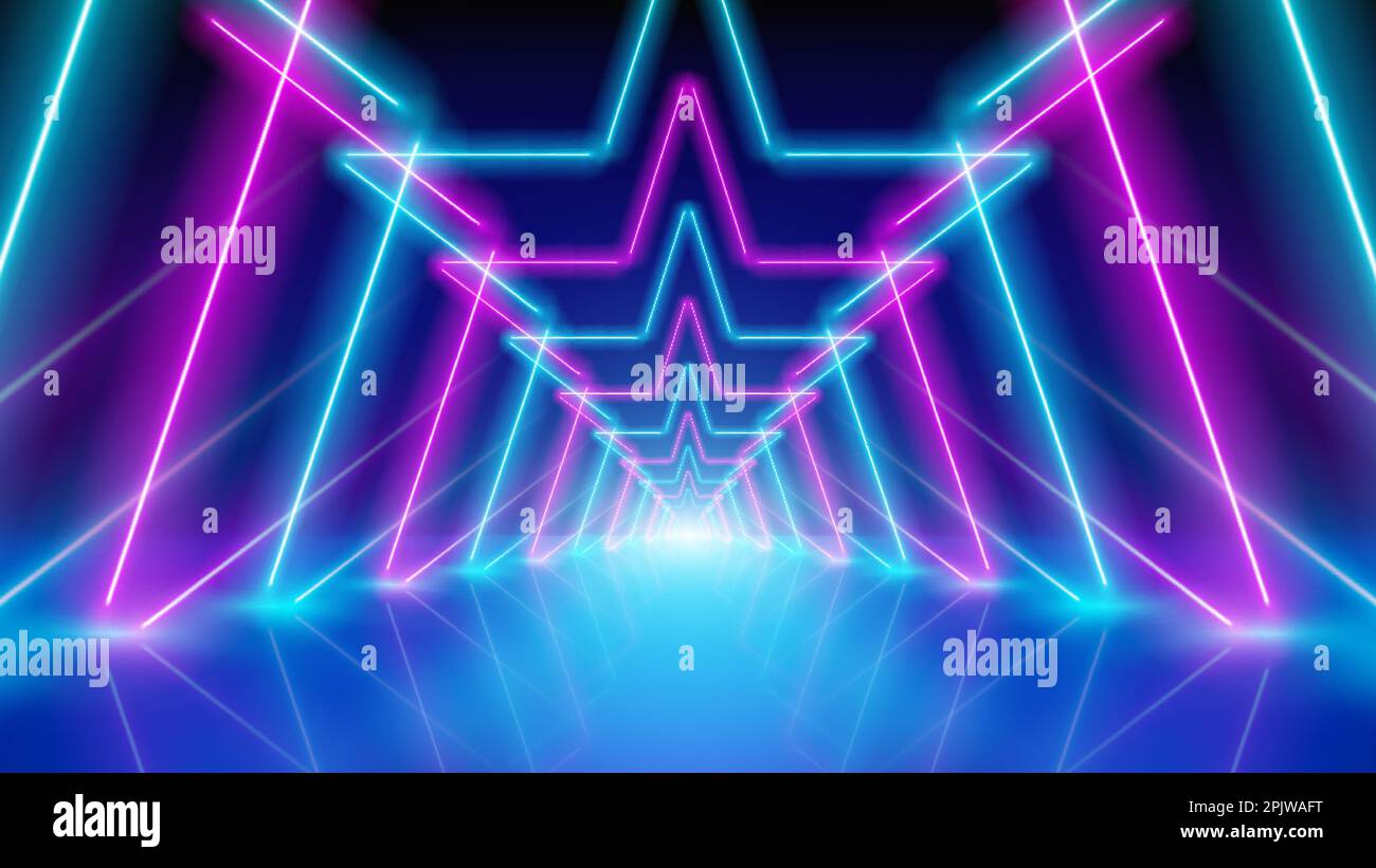 Glowing neon lines, star shaped led arcade, stage light, tunnel. Pink blue corridor glowing neon ...