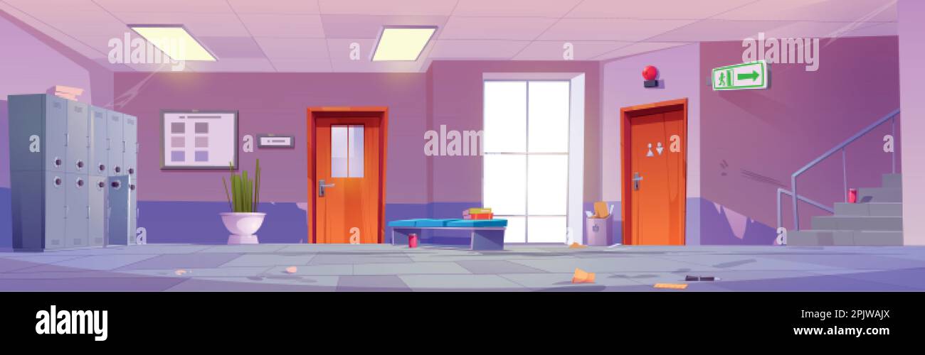 School hallway interior with classroom doors, lockers, staircase and ...