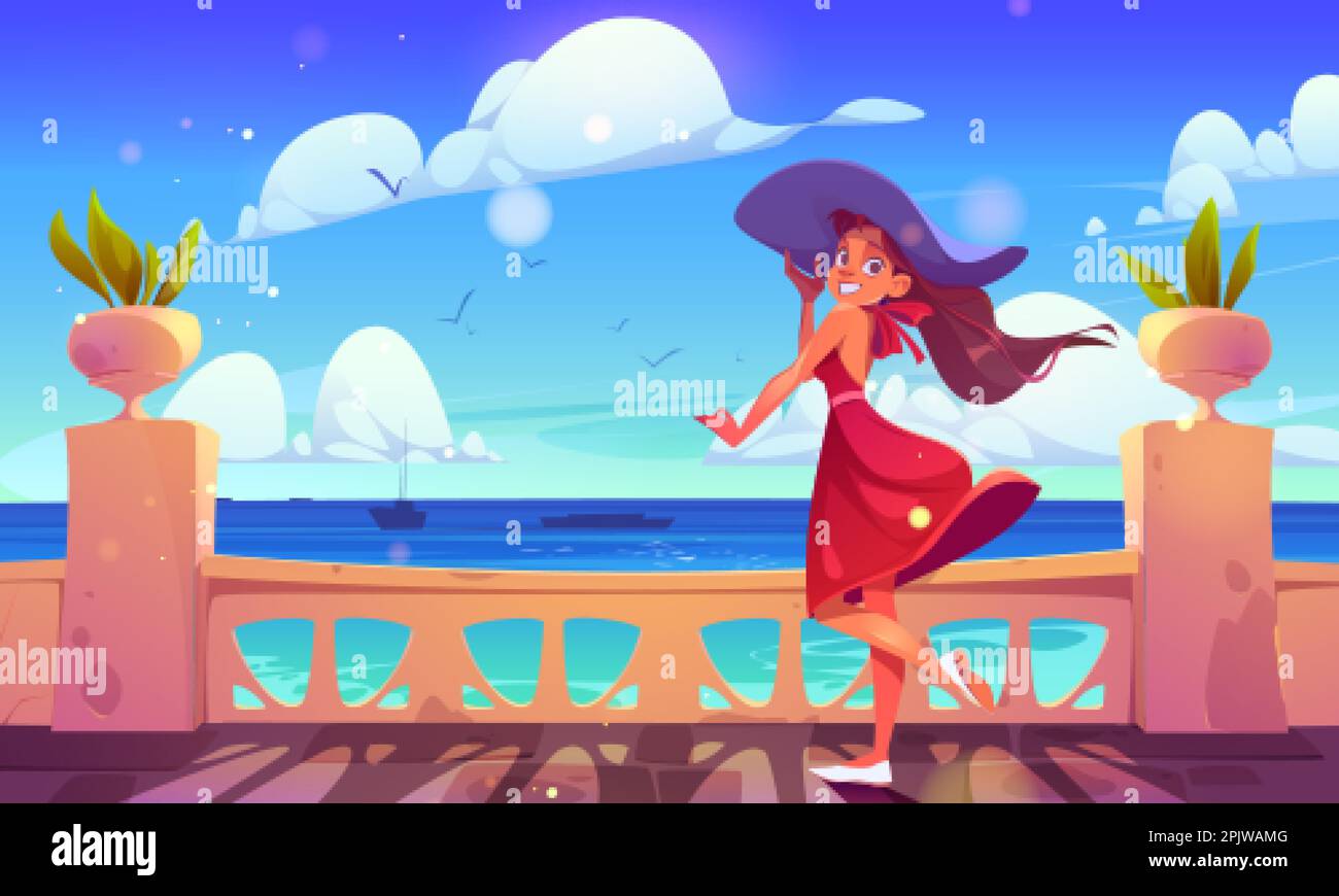 Balcony summer panoramic sea view vector background. Model in hat on ...