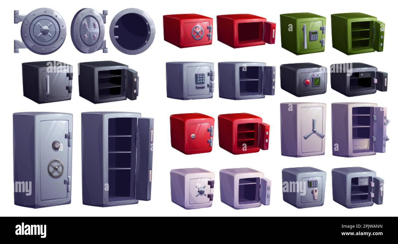 Vector safe box set for money with open, closed door. 3d deposit steel ...
