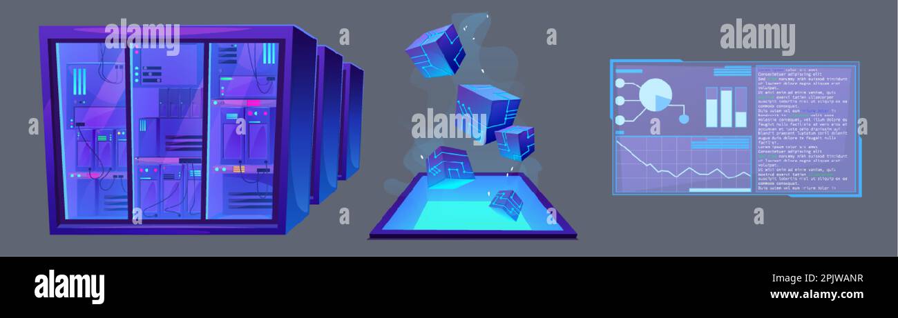 Digital data analysis dashboard, computer server room set. Database storage, blockchain and ...