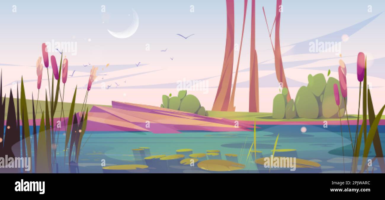 Green swamp and cattail near lake, early morning vector background ...