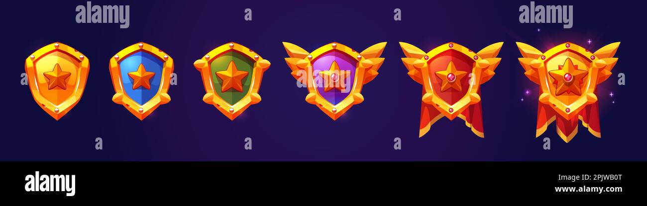 Gold ranking achievement badges for game. Award icons of golden shields ...