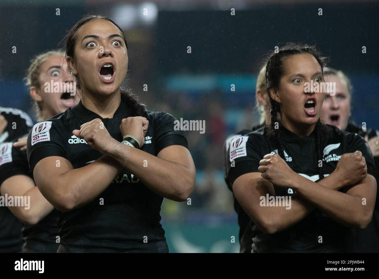 New Zealand women's team perform the Haka during the trophy ceremony ...