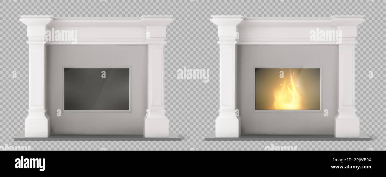 Isolated realistic white electric fireplace vector set. 3d fire place ...