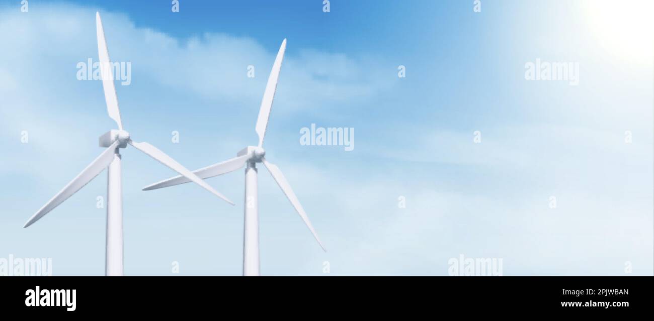 3d white wind mill power turbine on sky background. Windmill station to ...